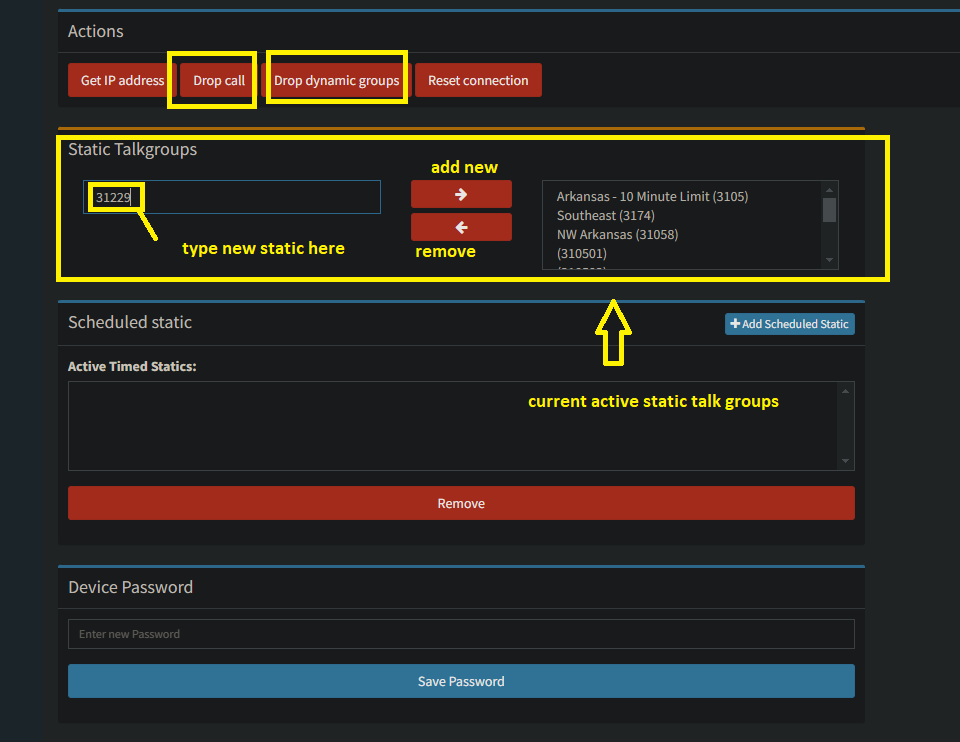 How to add and remove static talk groups using the BrandMeister dashboard